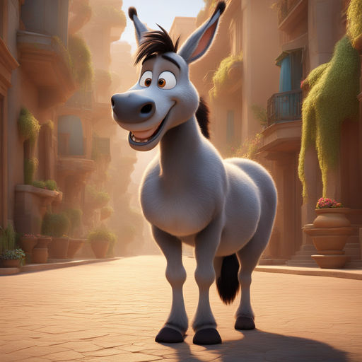 Cartoon with oversized features resembling Pixar. The donkey... by ...