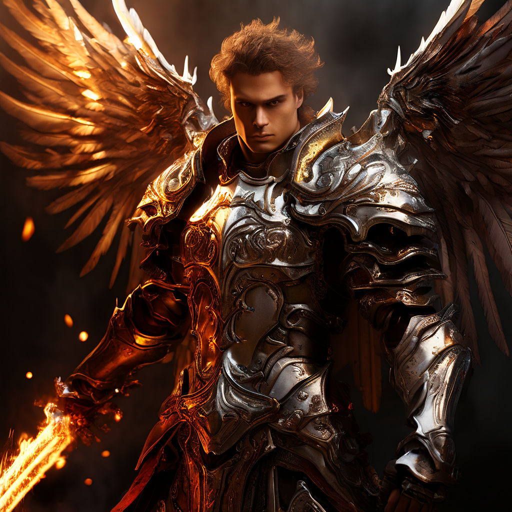 Male angel in heavy armor with a fire blade and a shild by Блинов ...