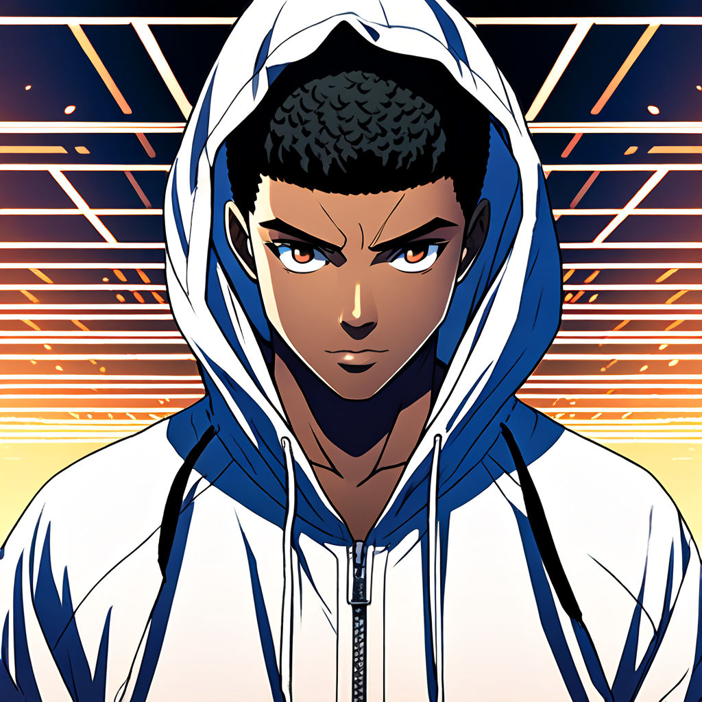 A dark skinned male anime character with a black buzz cut ha... by ...
