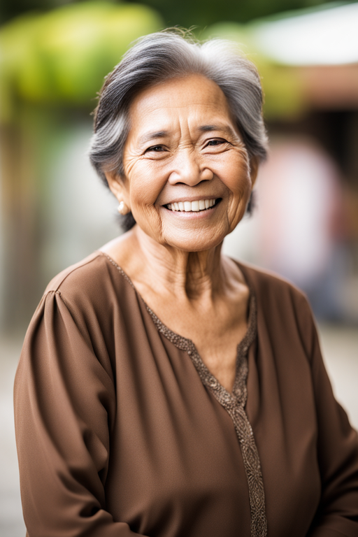 Photograph of an older Filipino woman in her 60s wearing a b... by ...