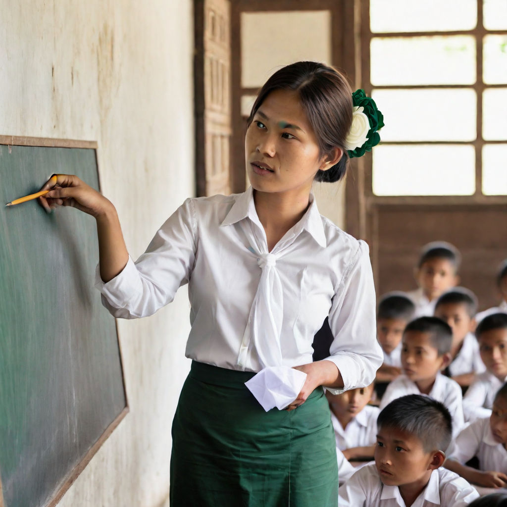 A school teacher Burmese woman teaching on the colorful worl... by Soe ...