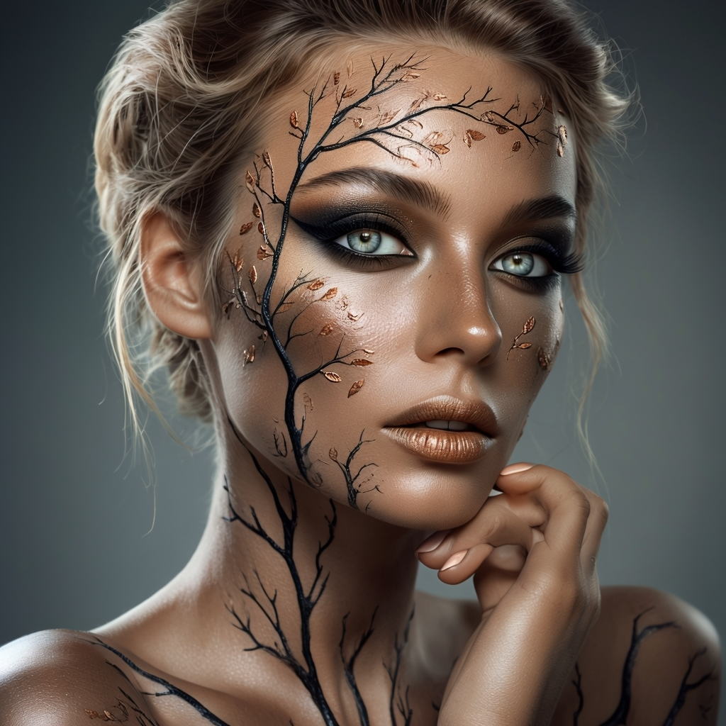 A close-up digital portrait showcases an artistic makeup des... by ...