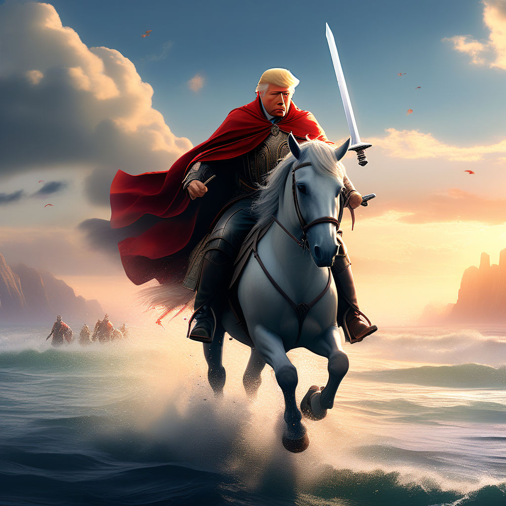 Donald trump riding a horse into battle with sword in hand by Ryan ...