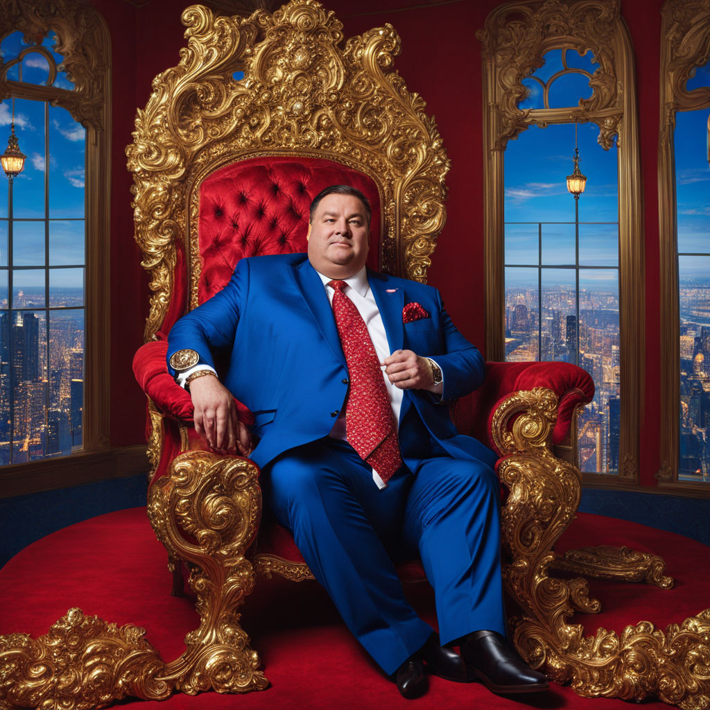 Make a portrait of a fat very rich man in the most expensive... by ...