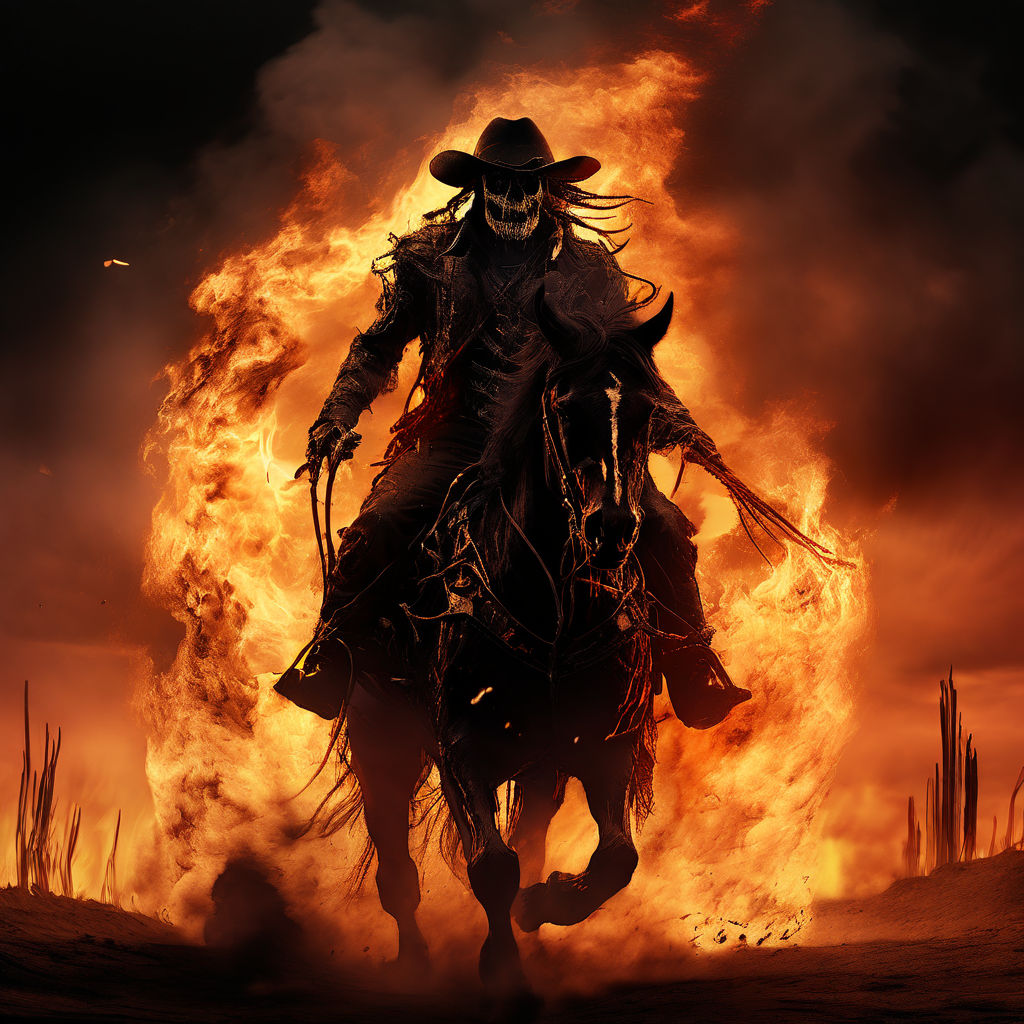 Black and white digital art of a demonic skeleton cowboy mou... by ...