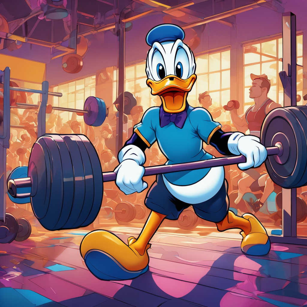 Donald Duck executing weightlifting exercises in a gym packe... by ...
