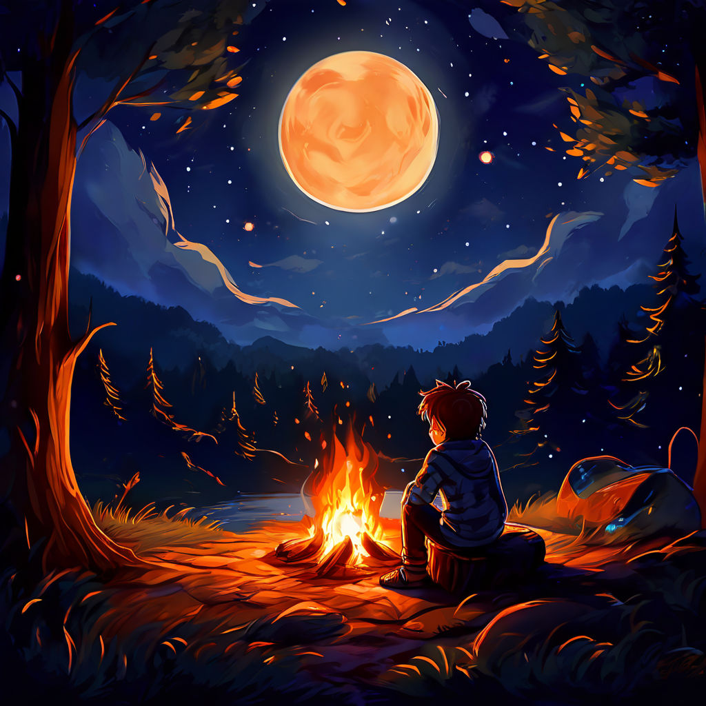 2D cartoon art of a boy seated by a campfire in a forest by Nayon Saha ...