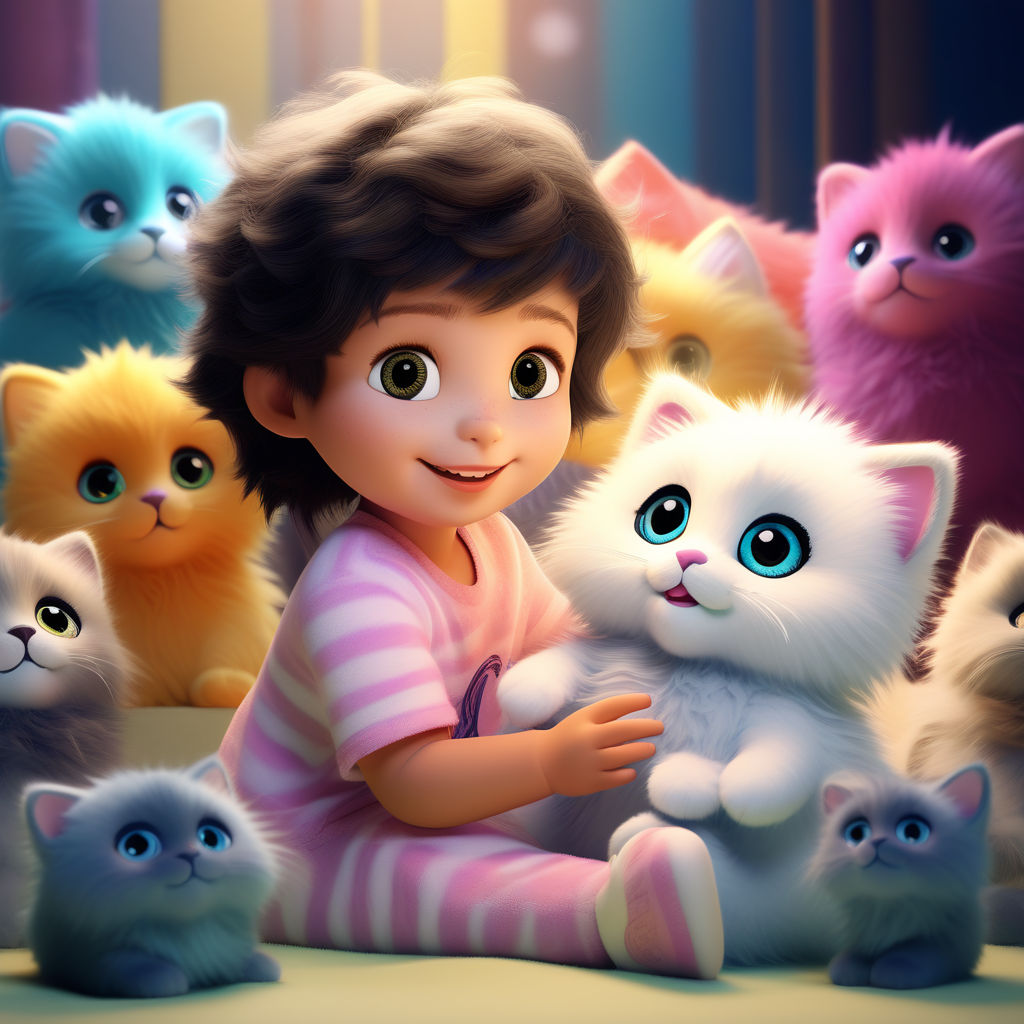 A child playing with cute plush cat with big eyes and differ... by ...