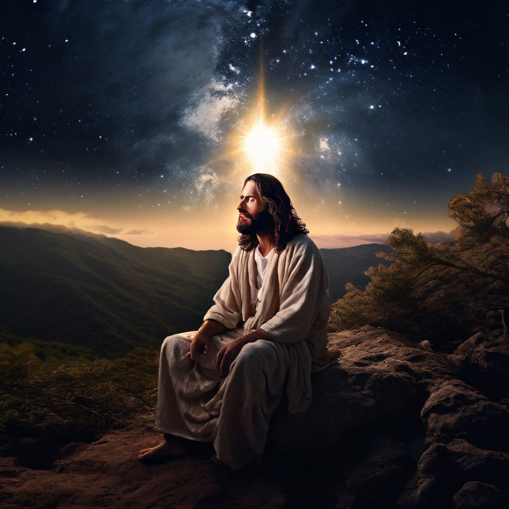 Jesus orando em uma paisagem com céu estrelado de lua by Railda Almeida ...