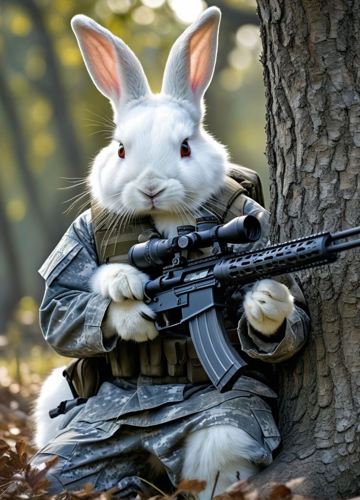 White fluffy rabbit clad in U.S. infantry camouflage by Martin - Playground