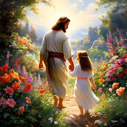 A beautiful scene of Jesus and a young girl walking hand in ... by Yaw ...