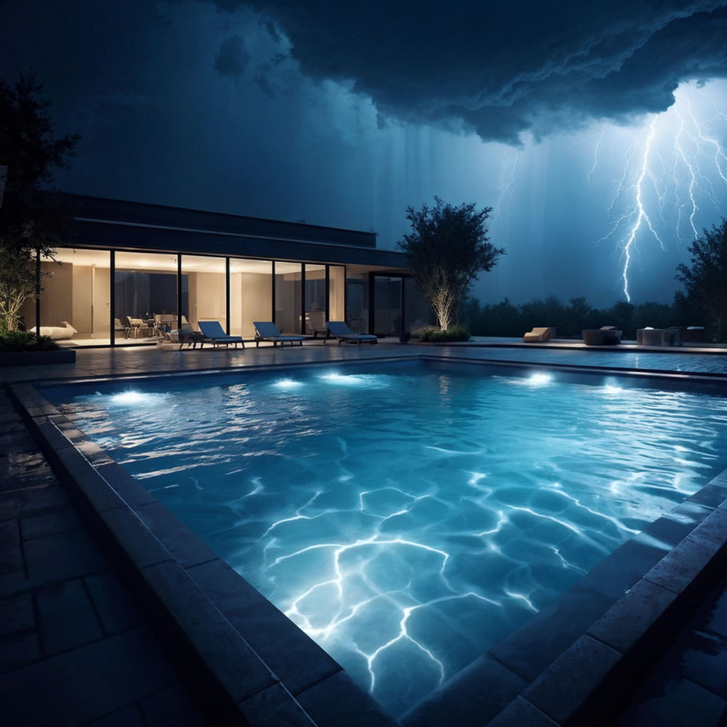 Create me a swimming pool that is being rained on. The weath... by ...