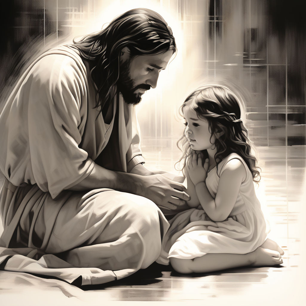 Image of a girl kneeling at the feet of Jesus crying in a dr... by ...