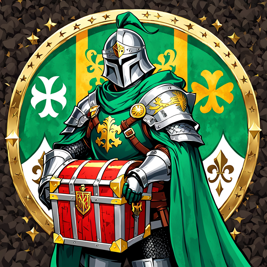 A logo of a medieval knight holding a treasure chest with th... by ...