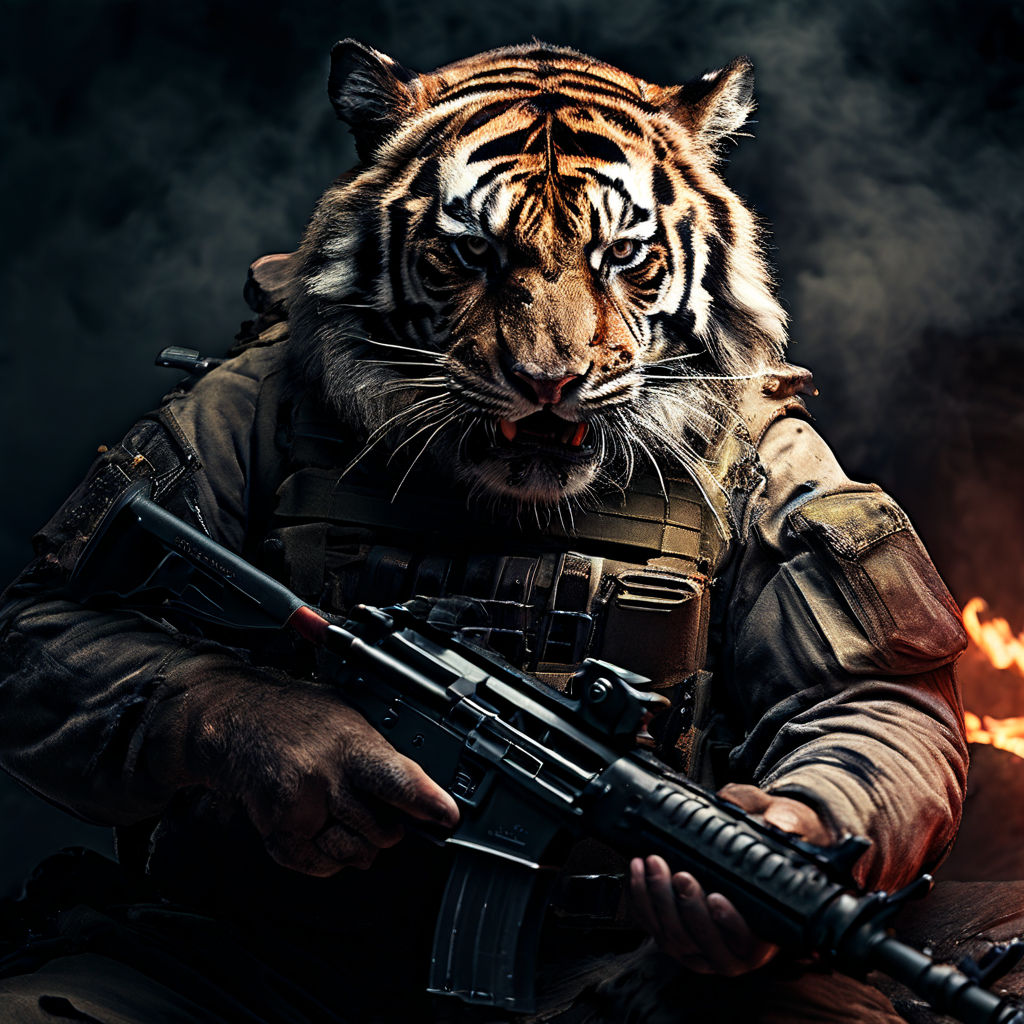 Roaring tiger modern warrior holding ak-47 machine gun in ... by ...