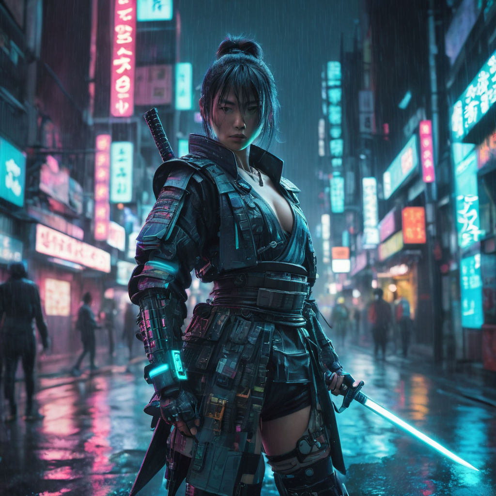 Japanese female samurai in cyberpunk attire wielding a digit... by ...