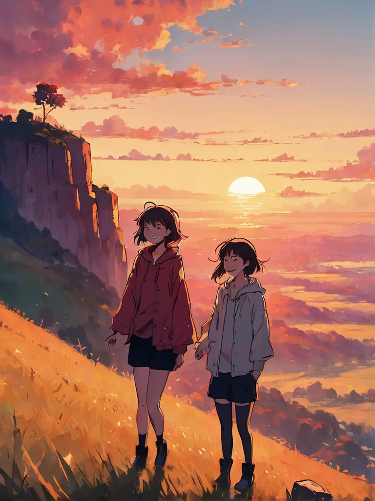 An anime-style illustration of two friends standing together... by ...
