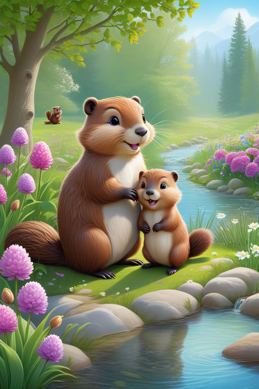 A super cute beaver with beaver baby in a beautiful garden b... by ...