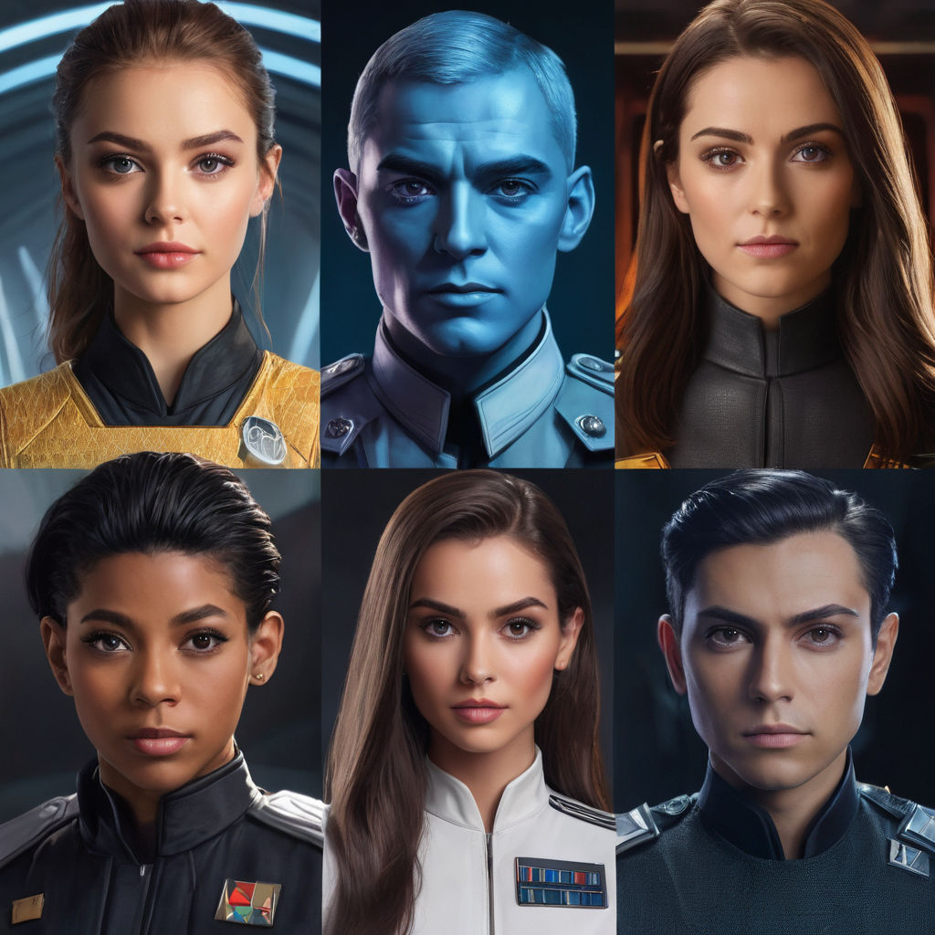 "Generate a 12 space opera-style portraits in a 4x3 grid by Macek ...