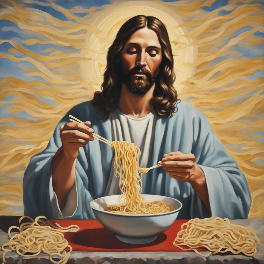 A painting of jesus eating ramen noodles by Coo F - Playground