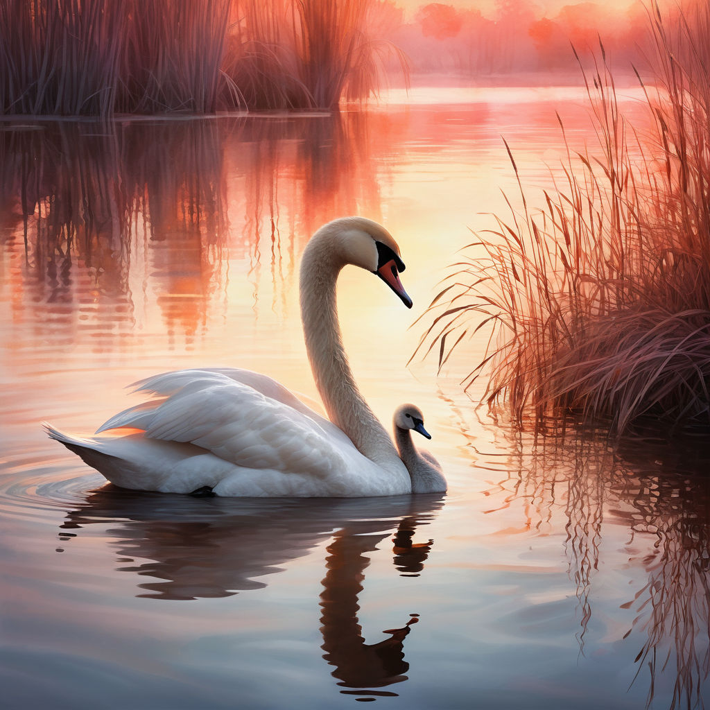 Mother cuddling with her baby swan on a serene lakeside at d... by ...