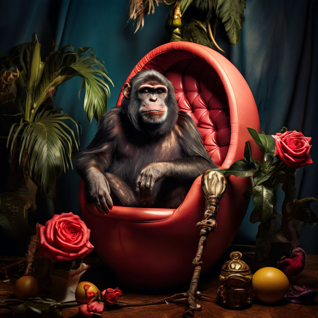 APE SITTING IN AN EGG CHAIR WITH A ROSE IN HIS NEXT TO A PLA... by ...