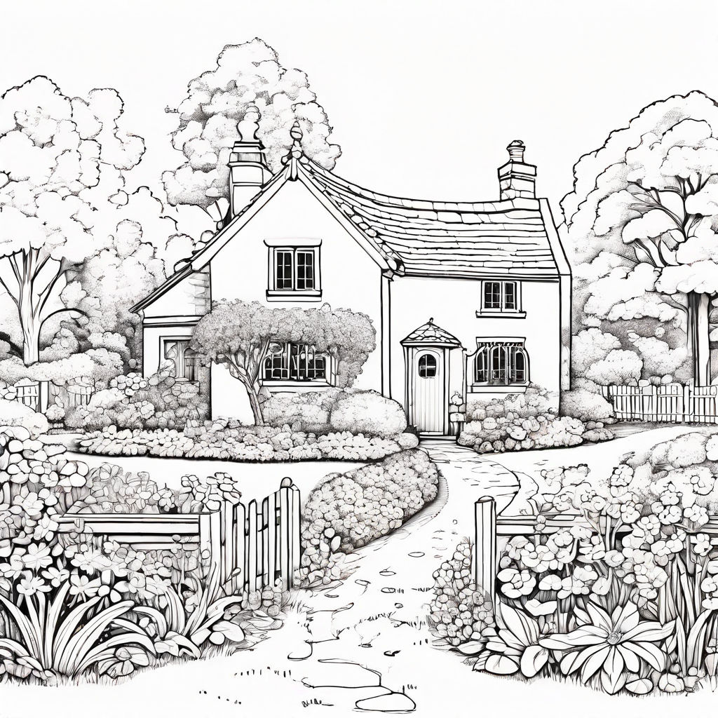 English garden cottage colouring in page for kids black and ... by ...