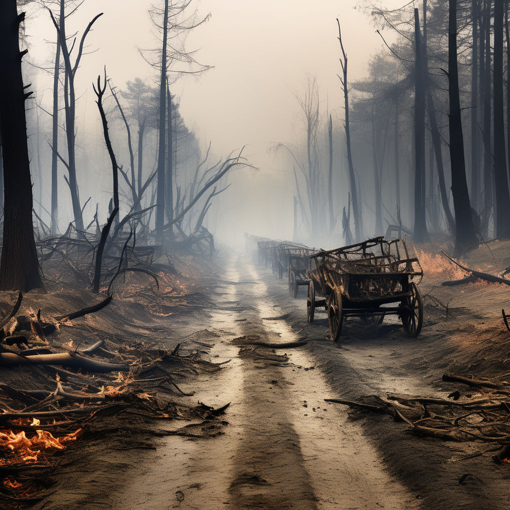Big burned cart road in forest around corpses by Konstantin K - Playground