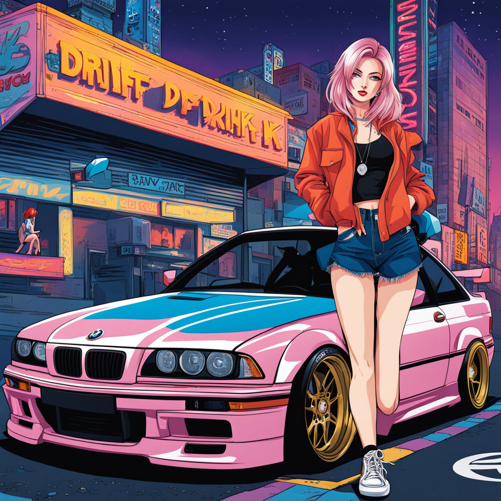 Illustration of anime girl posing with bmw e36 in front of n... by abcd ...