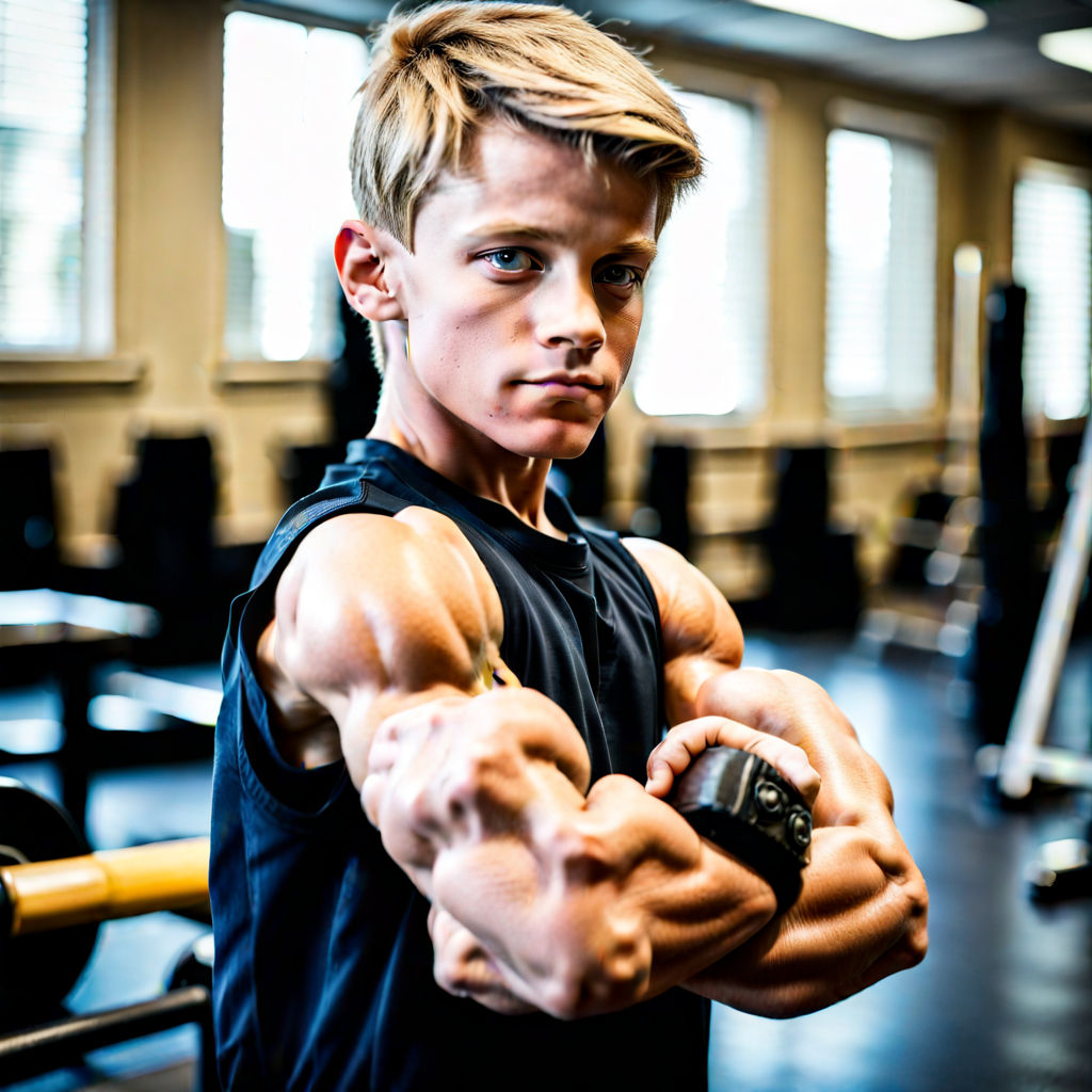 13 year old boy bodybuilder flexing muscle in school by Dietmar XXXXX ...
