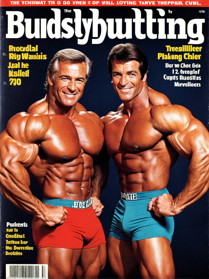 1970s bodybuilding magazine cover with 2 bodybuilders massag... by Rex ...