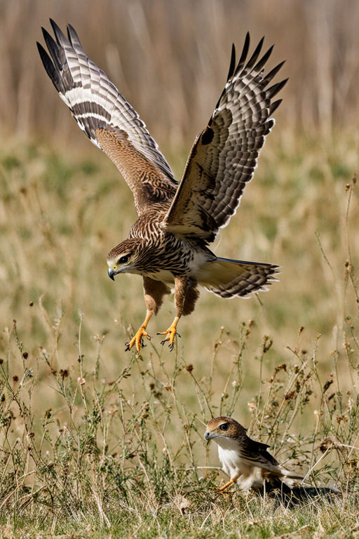A hawk flies from the sky and snatches a field mouse from th... by 별이님 ...