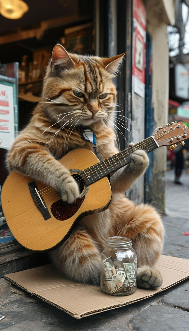 An incredibly realistic cat is playing a guitar while sittin... by ...