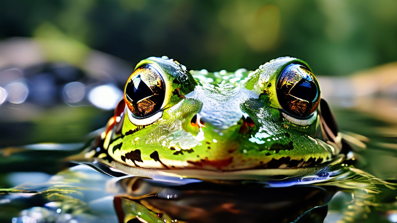 A close-up portrait of a courageous young frog with shining ... by ...