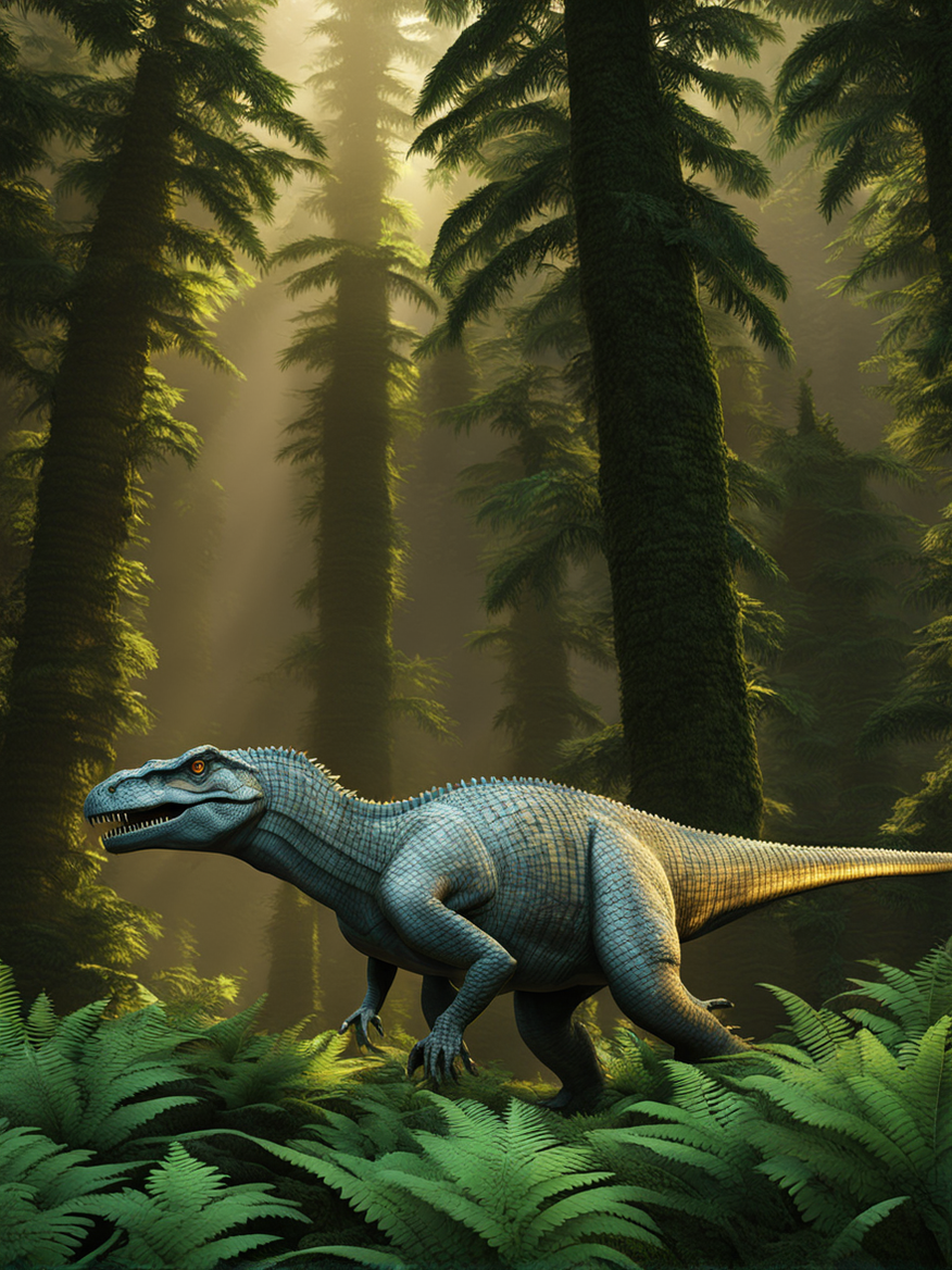 Plaid-patterned T-Rex striding through a Triassic forest by A T - Playground