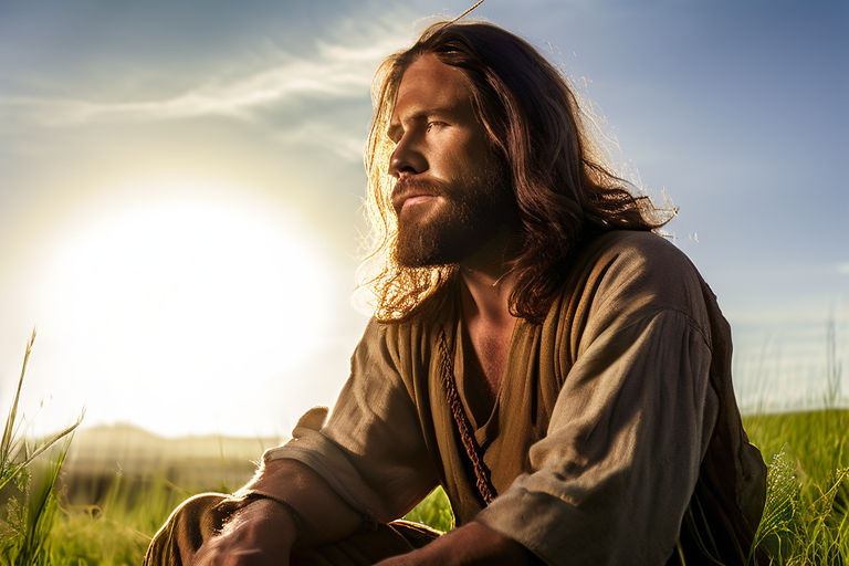 Western Jesus Christ, long hair, full beard, hand on kneeling man's shoulder, peaceful green ...