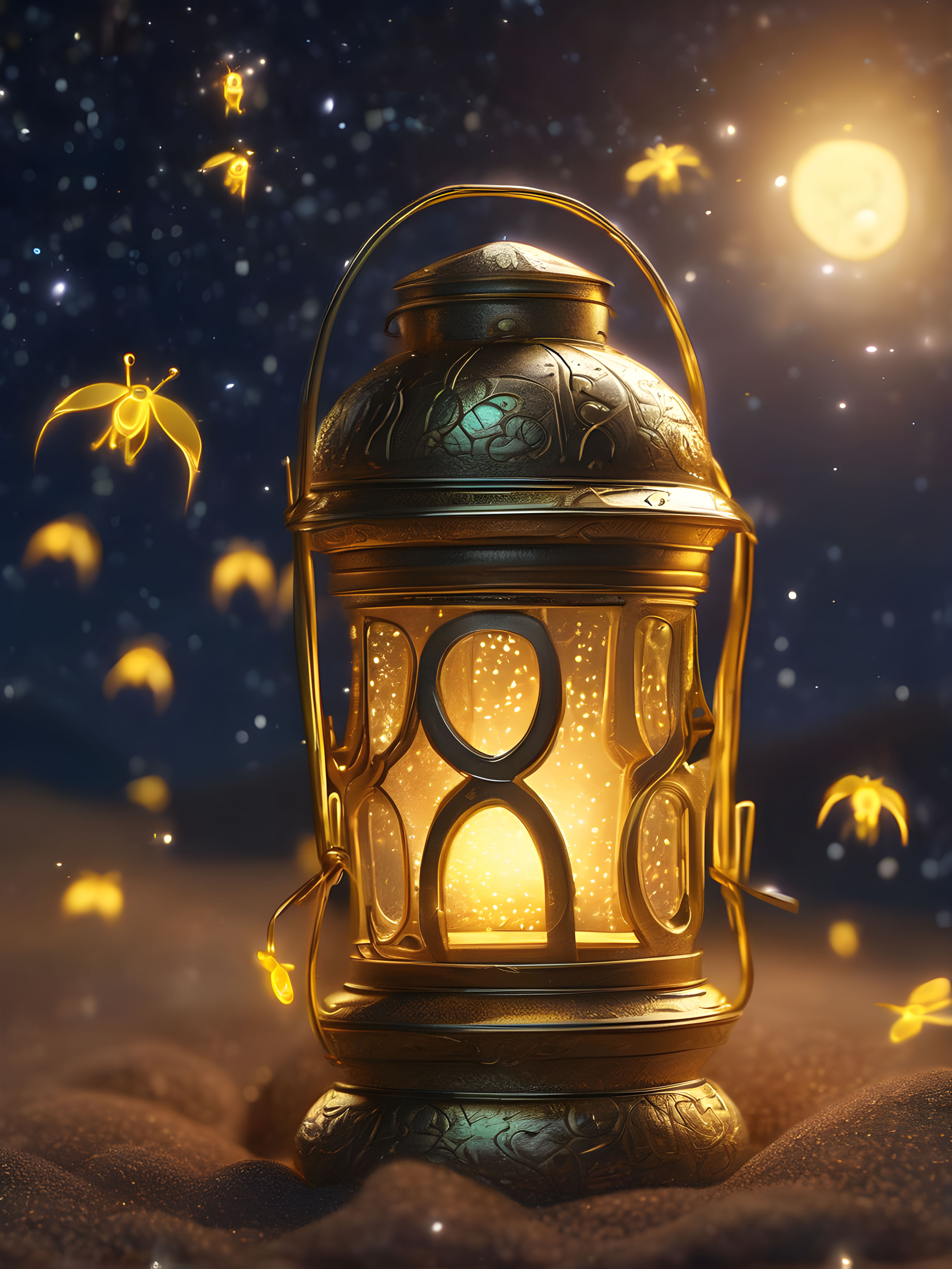 Golden lantern in the desert with glowing fireflies by Hadin Hadiat ...