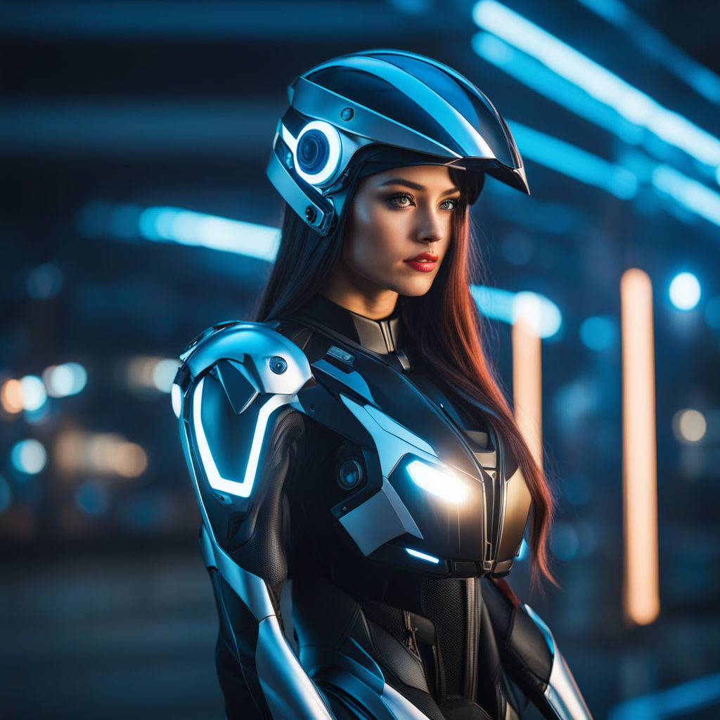 Cute pretty female cyborg long hair in futuristic neo lights... by ...