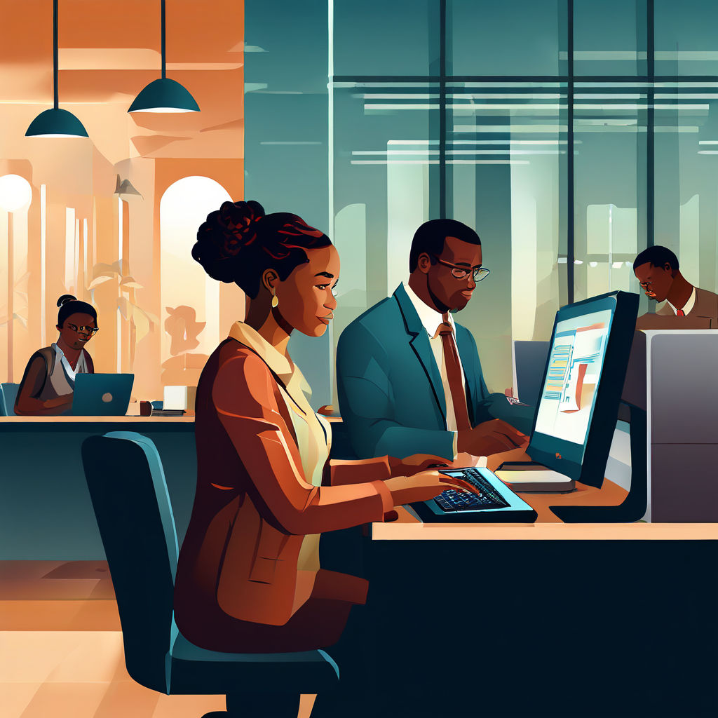 Vector image of african bank teller using computer to attend... by ...