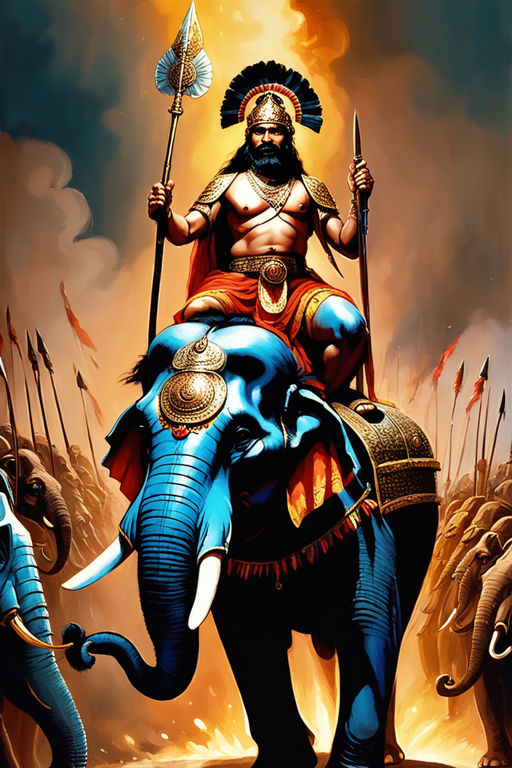 Long shot of porus sitting on elephant wearing armor holding... by ...