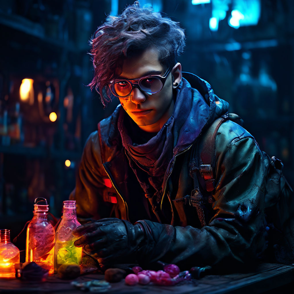 Young European scientist with scabs across the face and plag... by ...