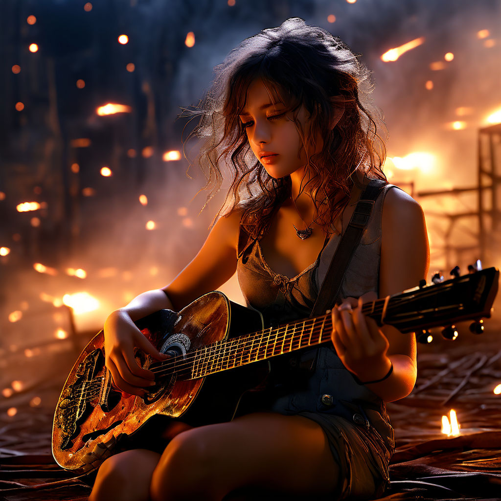 Anime girl engrossed in plucking the strings of a banjo unde... by ...