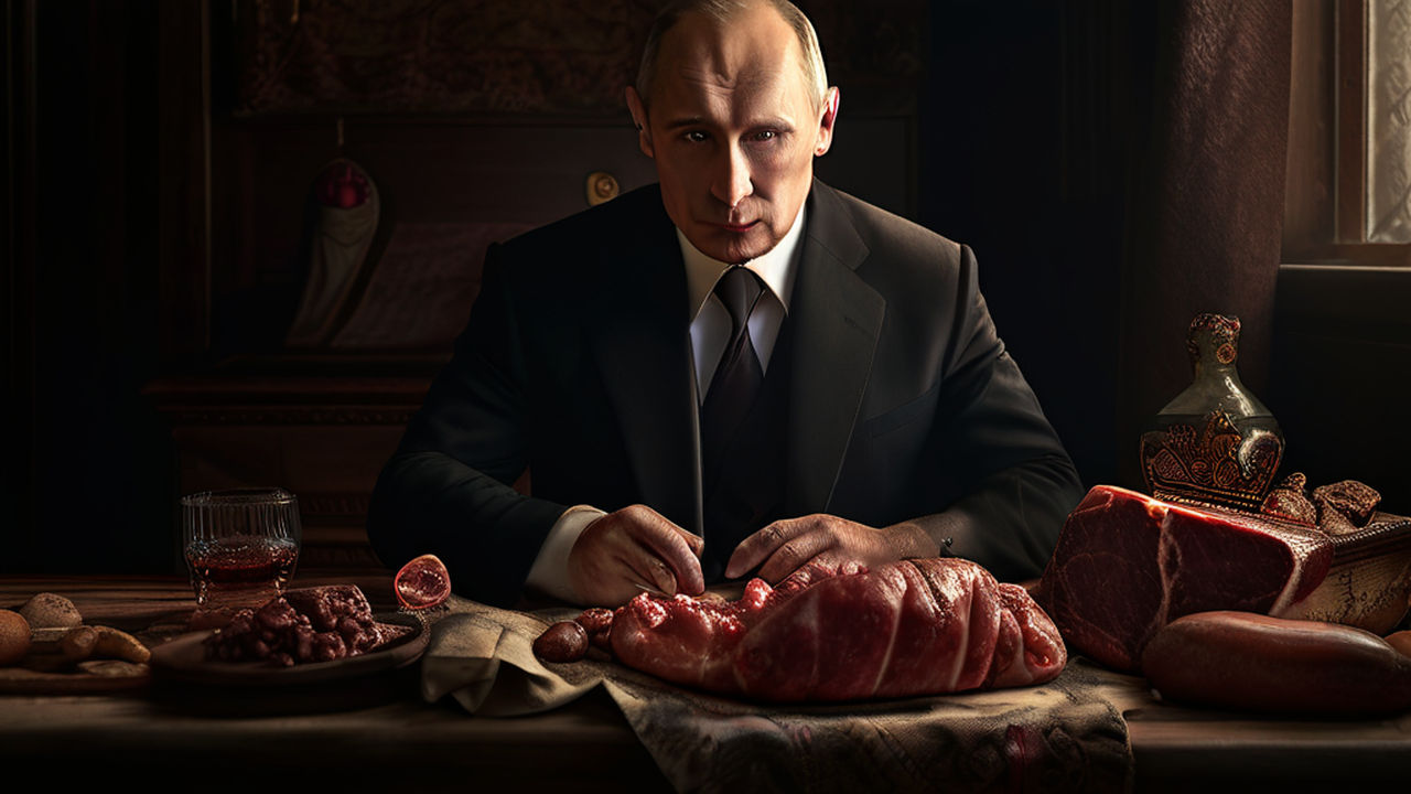 Photo-realistic depiction of Vladimir Putin seated at an orn... by ...