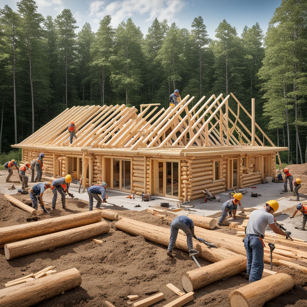 An image of the stages of building a log house. In the foreg... by ...