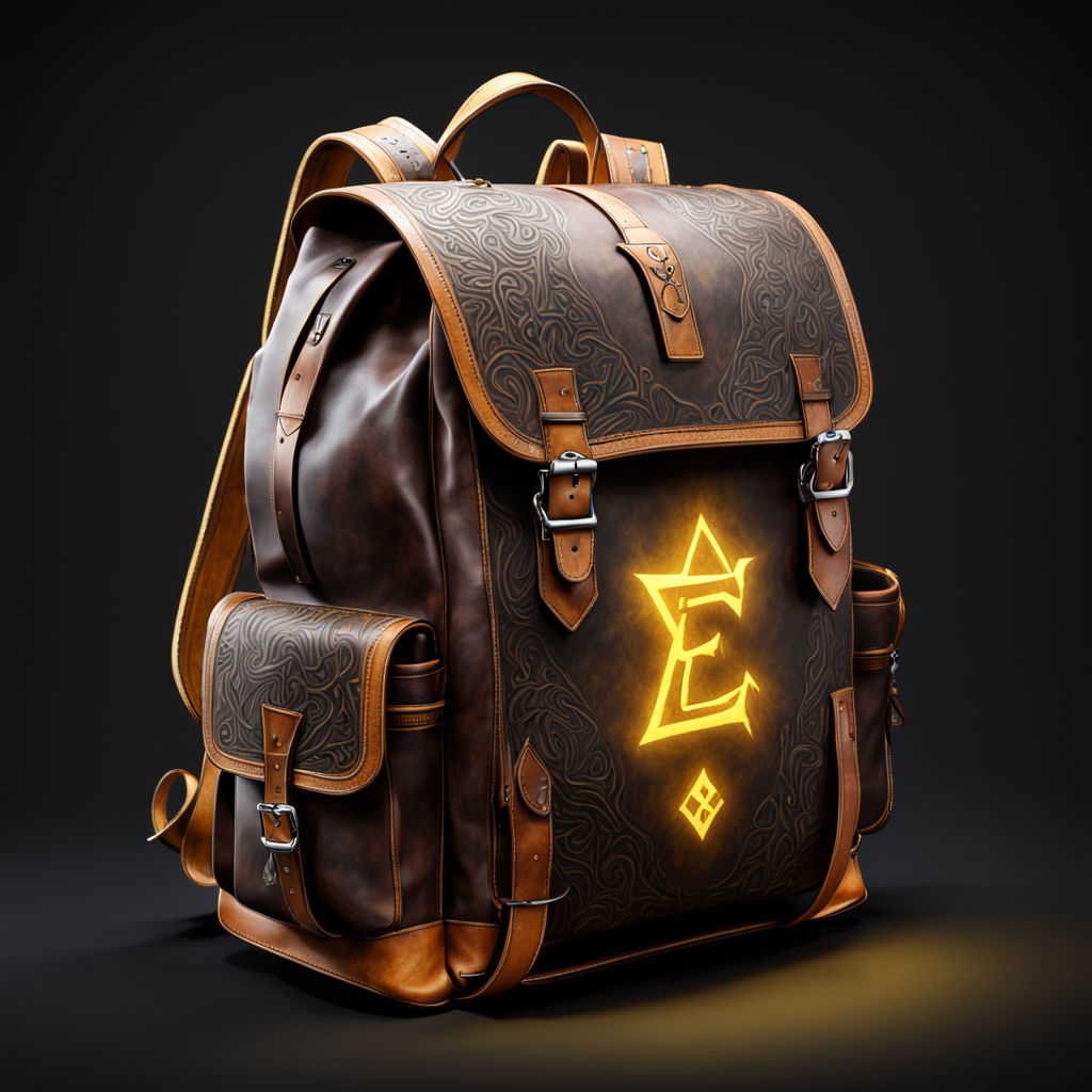 A magic leather backpack with yellow glowing runes by Nilton Novacov ...