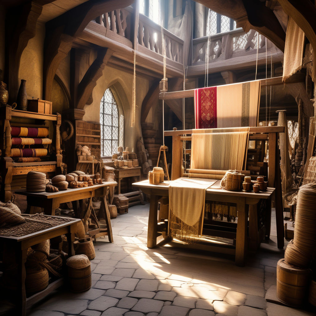 Inside medieval shop with loom and rolls of cloth by Angela Chadister ...