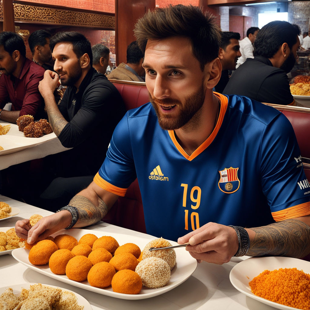 Lionel Messi eating laddu in an Indian restaurant wearing In... by ...