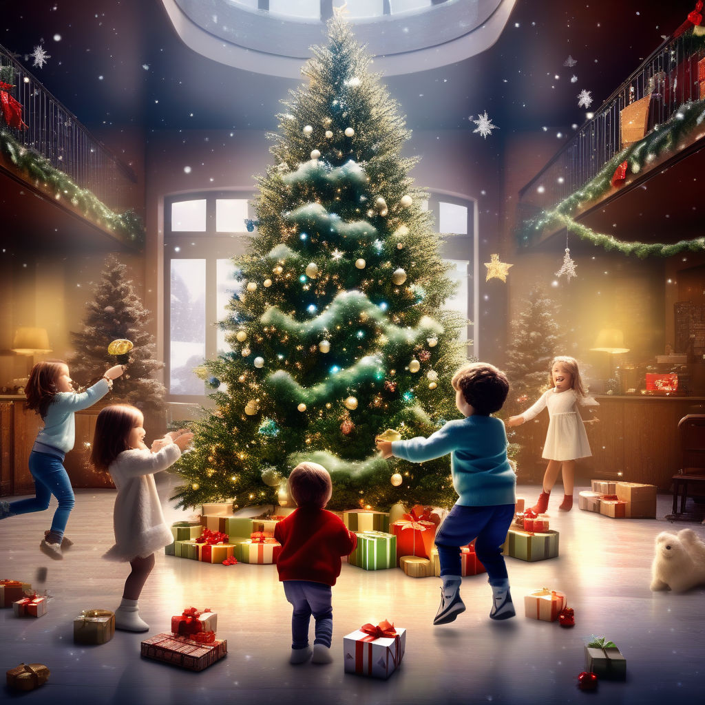 Christmas tree with some children playing with gifts and dan... by Ritu ...