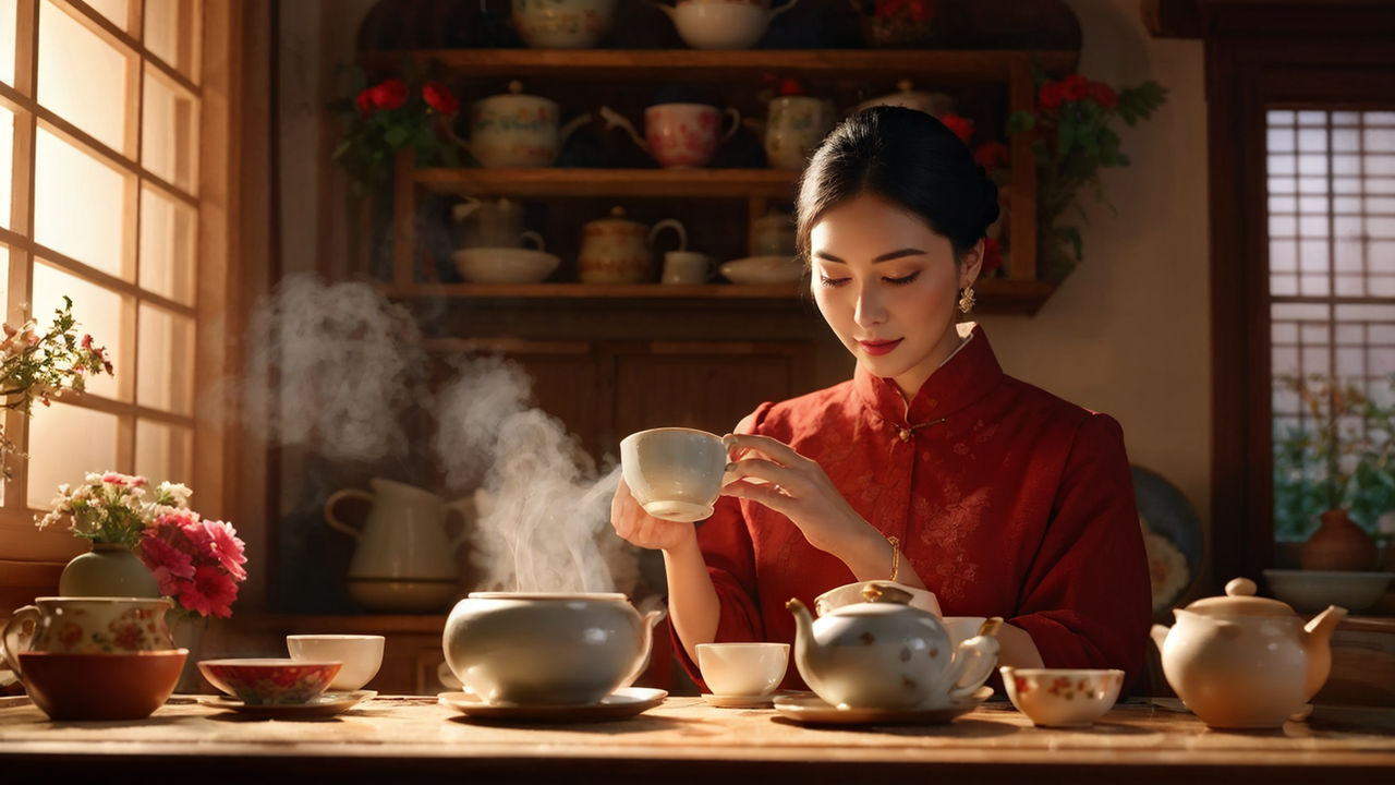 A woman pouring tea into an already full teacup by diego pastorio ...