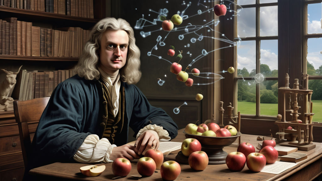 A detailed image of Isaac Newton at a study table with vario... by ...